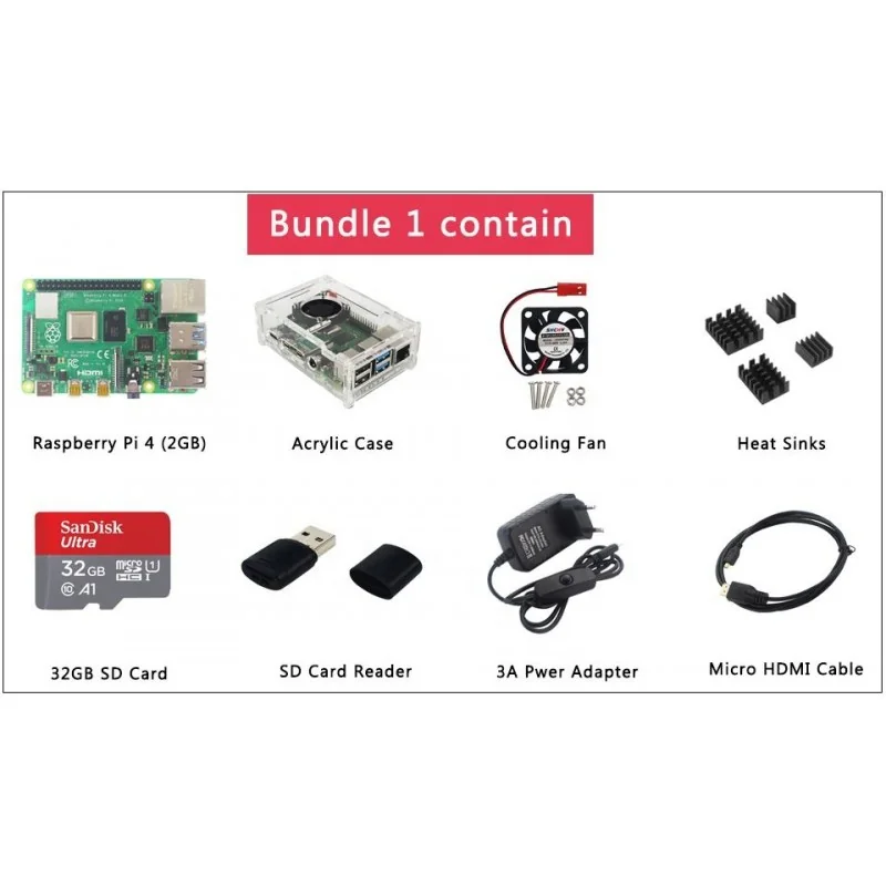 Raspberry Pi 4 kit (Pi4 2GB, charger, Micro HDMI, GPIO, Heat Sink, 16GB ...